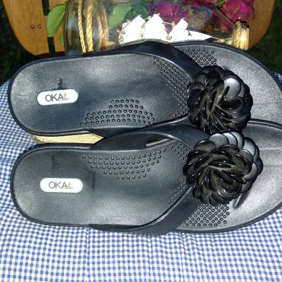 OKA b. | Shoes | Oka B Womens Black Flower Thong Sandals Size 85 | Poshmark